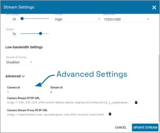 Camera Stream Settings - Orchid Recorder Administrator Guide - 23.9