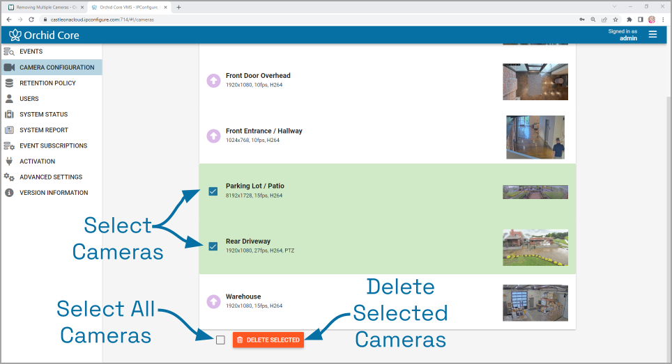 Removing Multiple Cameras - Orchid Recorder Administrator Guide - 23.6