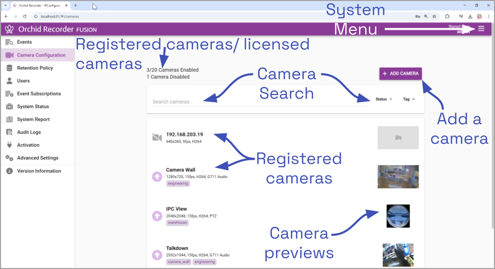 Adding and Managing Cameras - Orchid Recorder Administrator Guide - 24.12