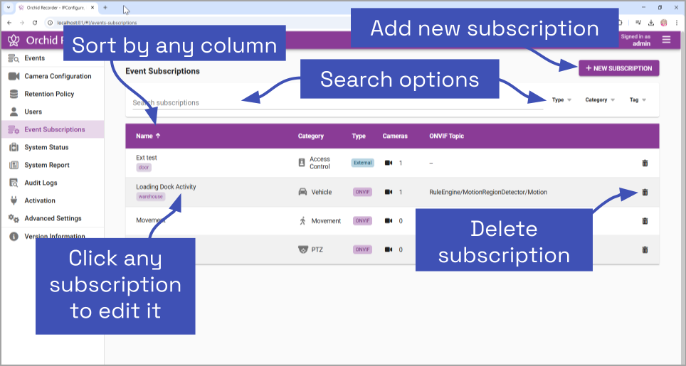 Access the Event Subscriptions List - Orchid Recorder Administrator Guide - 25.3