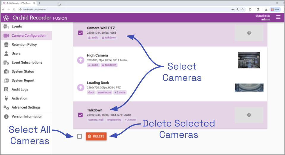Removing Multiple Cameras - Orchid VMS Admin Guide - 25.6