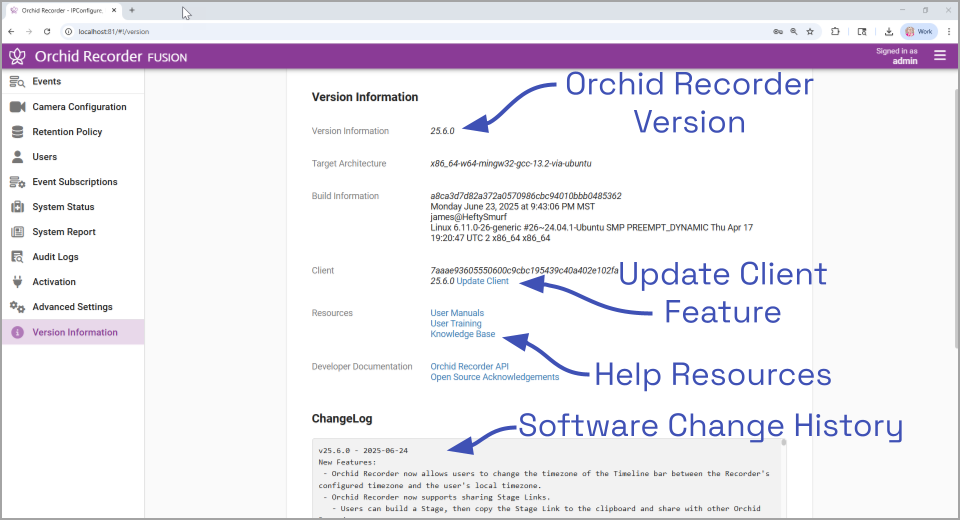 Accessing the Version Information Screen - Orchid VMS Admin Guide - 25.9