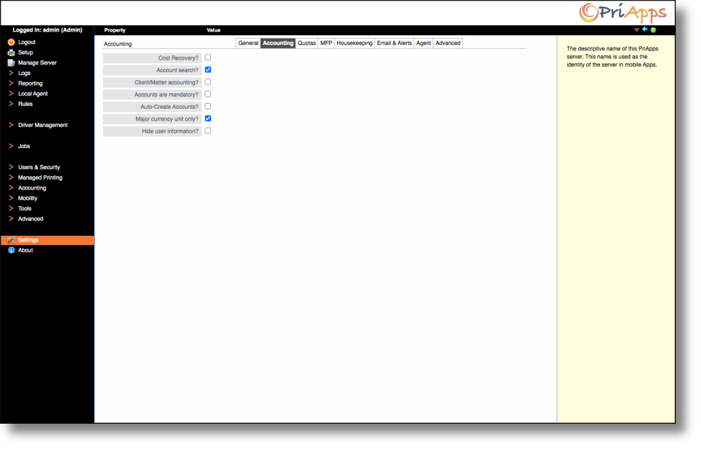 Accounting Settings - PriApps SSO Admin Guide - v22