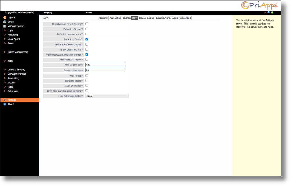 MFP Settings - PriApps SSO Admin Guide - v22
