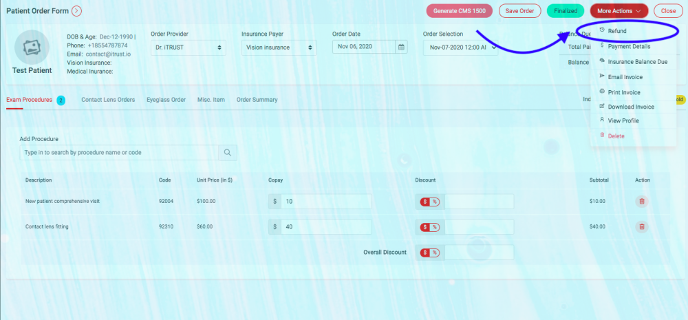 Refund an order - iTRUST Optometry Cloud EHR - 2