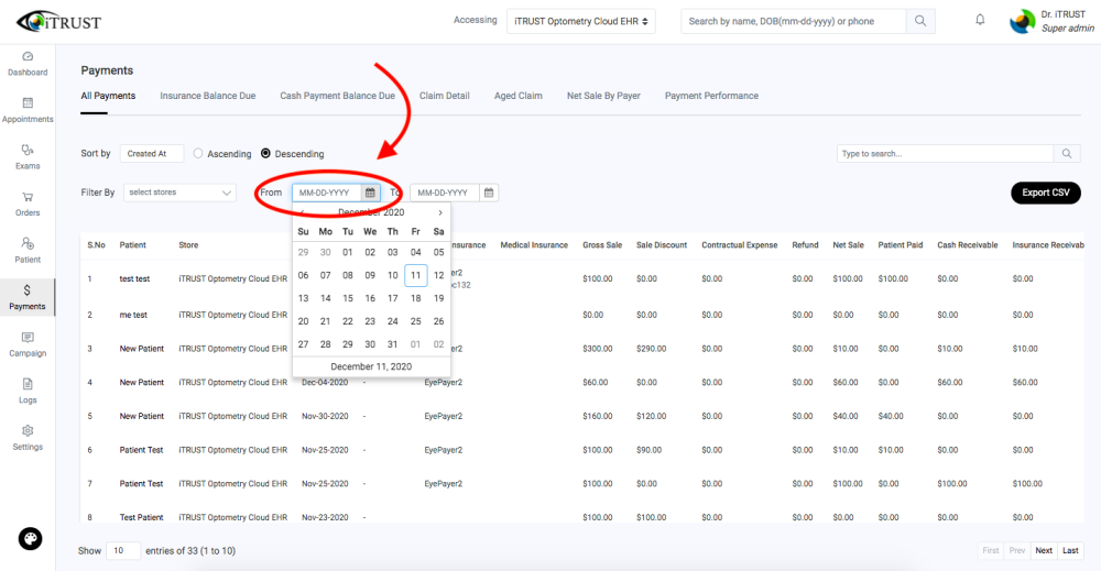 Run a day end payment report - iTRUST Optometry Cloud EHR - 2