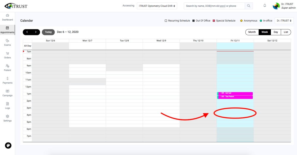 Schedule an appointment for a new patient - iTRUST Optometry Cloud EHR - 2