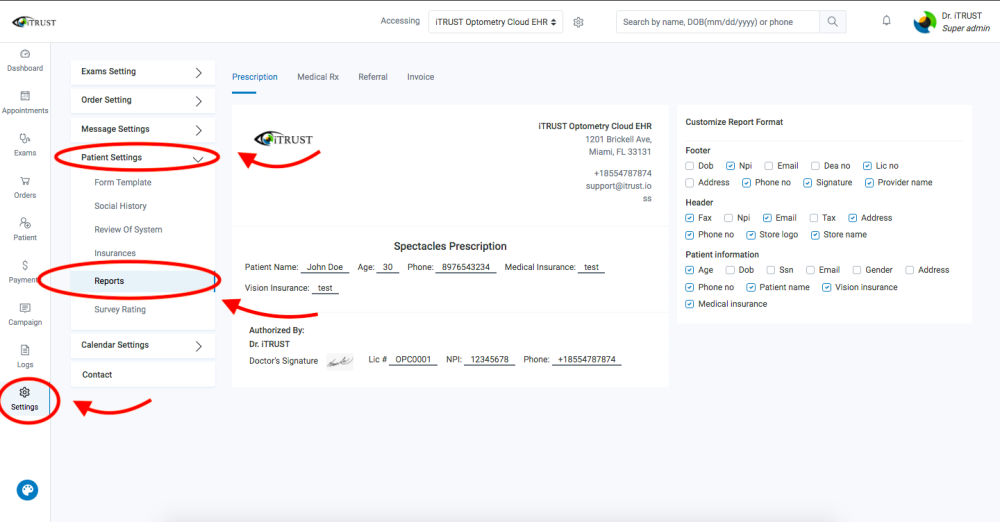 Customize header, footer data, and patient information for reports - iTRUST Optometry Cloud EHR - 2