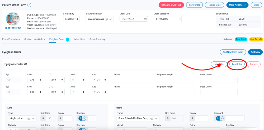How to create and send a eyeglasses lab order - iTRUST Optometry Cloud EHR - 2