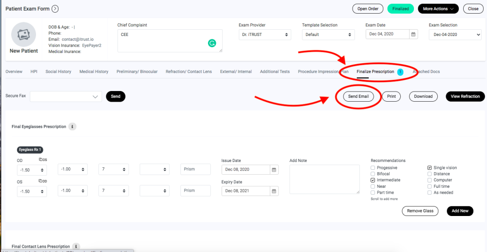 Securely email prescription link from exam form - iTRUST Optometry Cloud EHR - 2