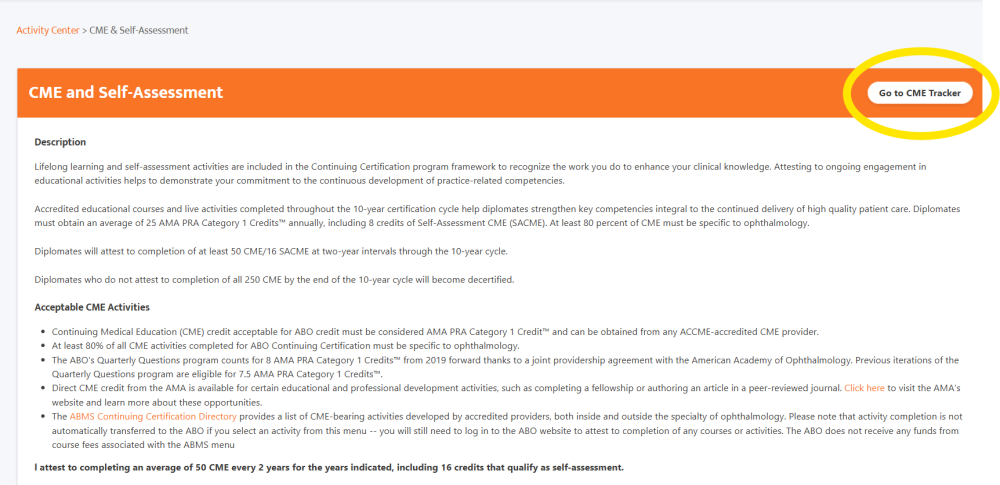 Entering CME into optional CME Tracker - ABO Continuing Certification - 1