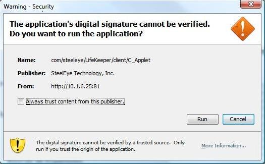 Java Mixed Signed and Unsigned Code Warning - LifeKeeper for Windows LIVE - 8.7.2
