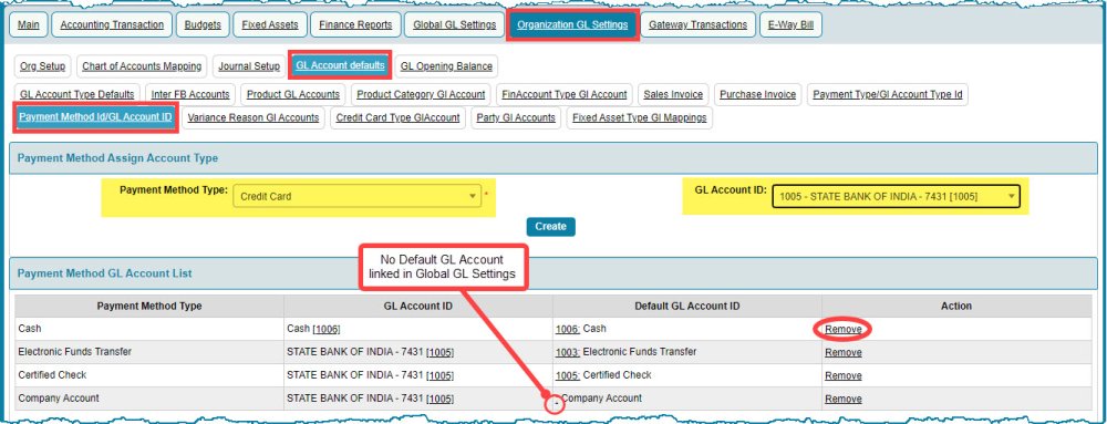 Payment Method Type-GL Account ID Defaults - Crest ERP User Manual - 1.0