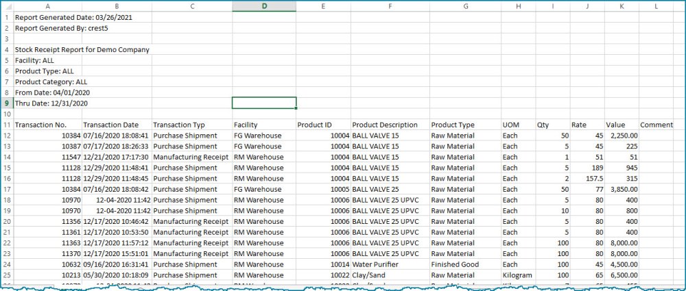 Stock Receipt Report - Crest ERP User Manual - 1.0