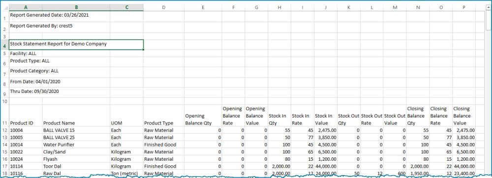 Stock Statement - Crest ERP User Manual - 1.0