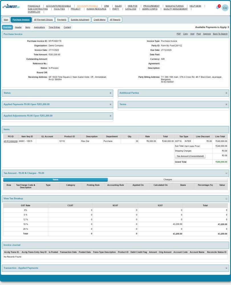 Know The Purchase Invoice - Crest ERP User Manual - 1.0