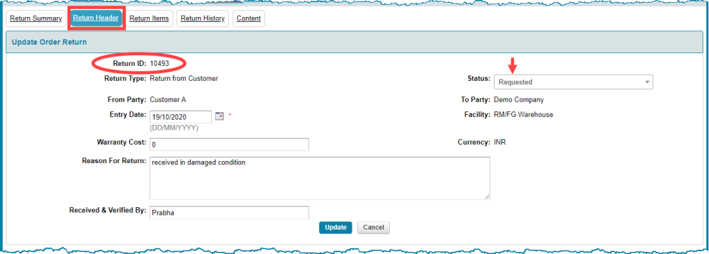 Initiate A Normal Return - Crest ERP User Manual - 1.0