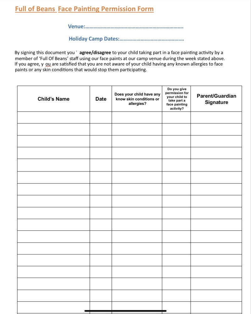Face painting permission form - Full of Beans Camp Manual - 1