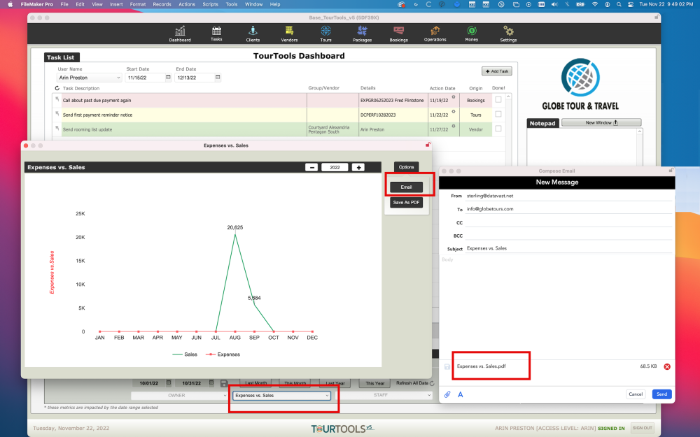 Emailing Charts, Documents, & Reports - TourTools v5 User Guide - 1
