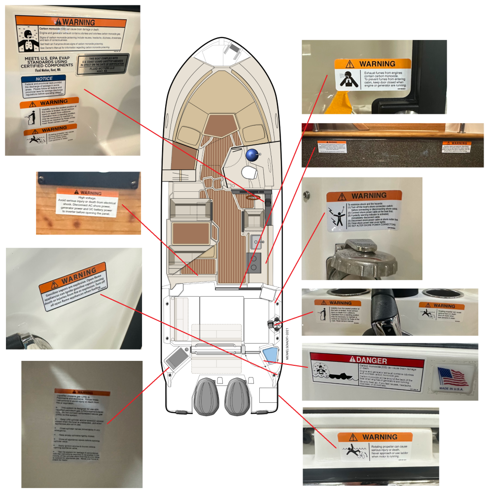 Warning Label Locations - Cutwater Boats C-288C/CB - 1
