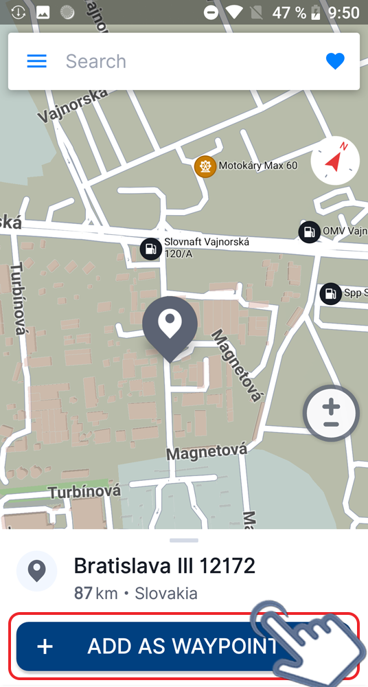 Adding waypoint while navigating - New Sygic GPS Navigation for Android - 22.x