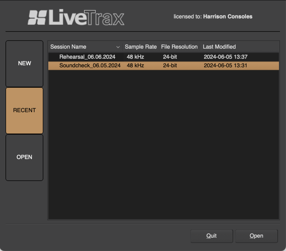 Opening a Recent Session - LiveTrax - 1