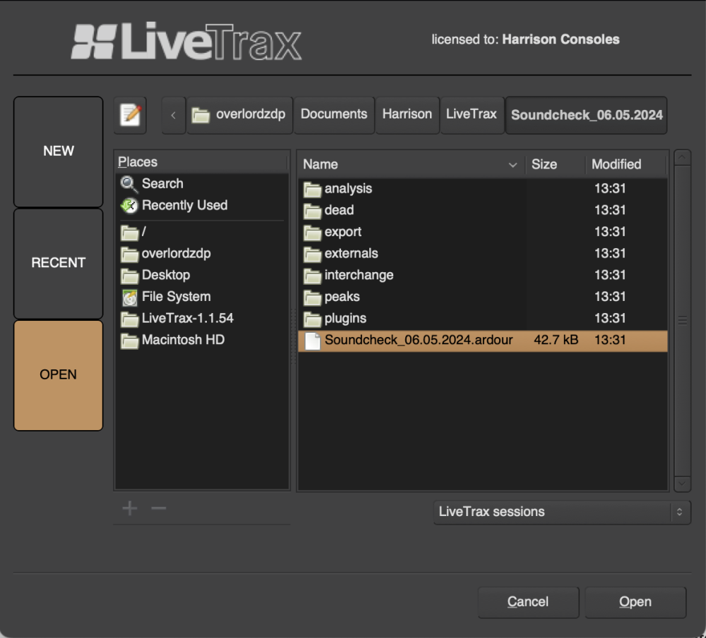 Opening an Existing Session - LiveTrax - 1