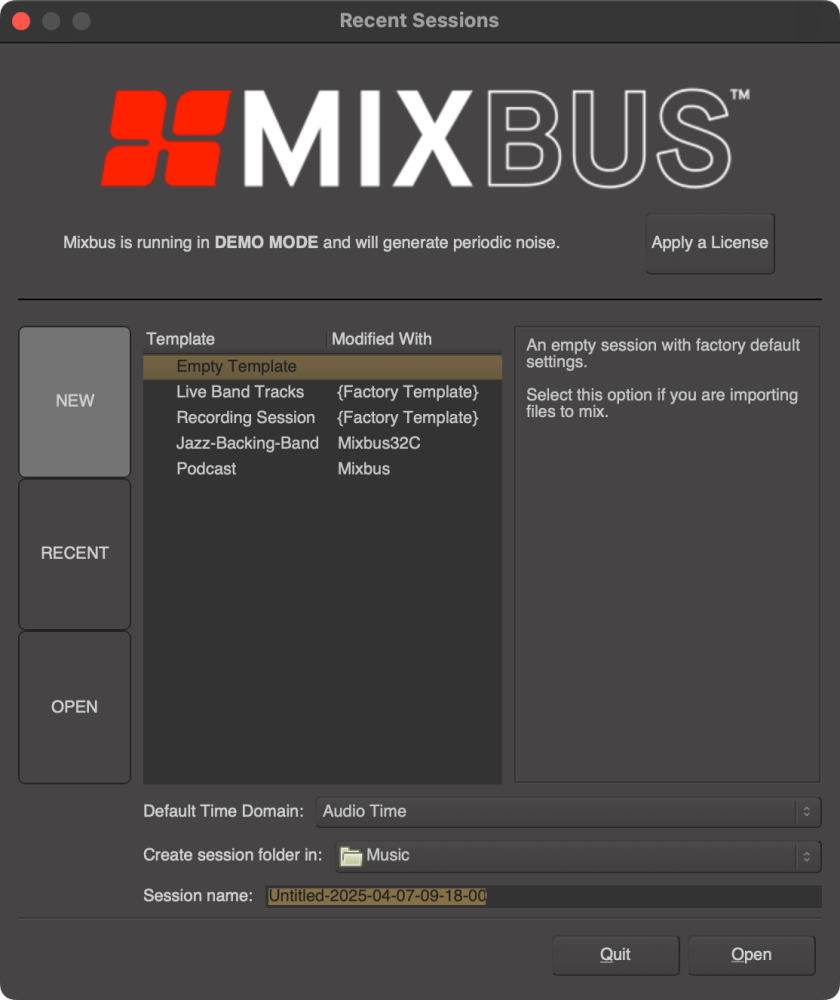 Creating a New Session - Mixbus - 11