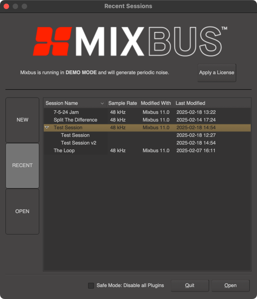 Opening a Recent Session - Mixbus - 11
