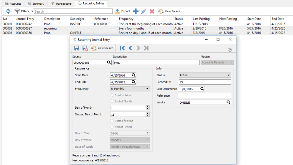 Recurring Entries - Spire User Manual - 3.2