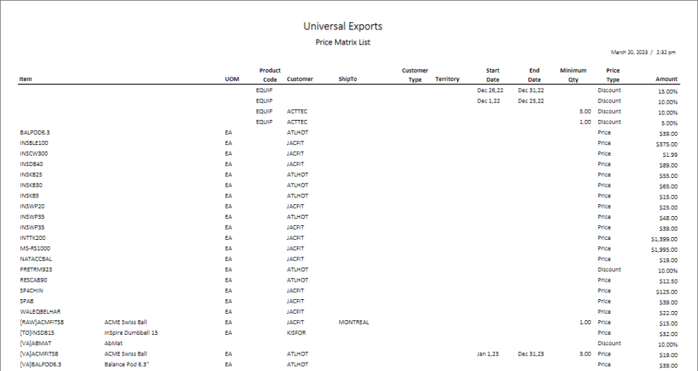 Price Matrix - Spire User Manual - 3.13