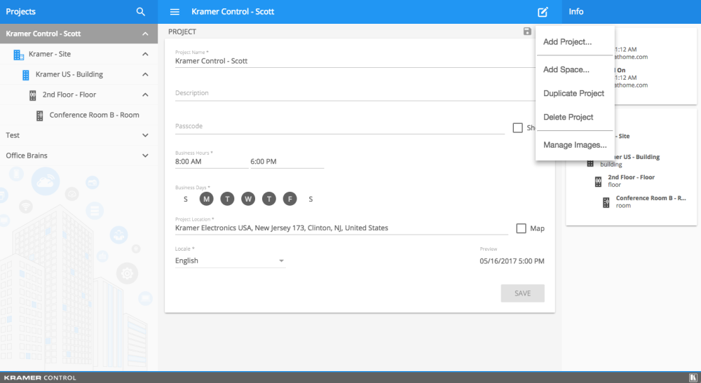 Project and Space Menu Options - Kramer Control - 1