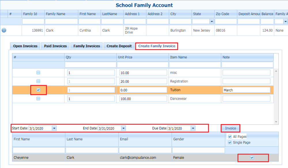 Create Family Invoice from Student Grid - Compudance Online Helpdesk - 1