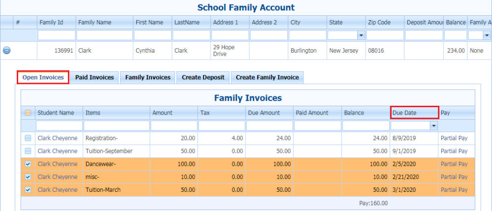 Create Family Invoice from Student Grid - Compudance Online Helpdesk - 1