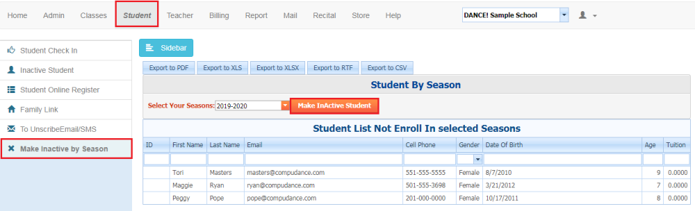 Make Student Inactive by Season - Compudance Online Helpdesk - 1