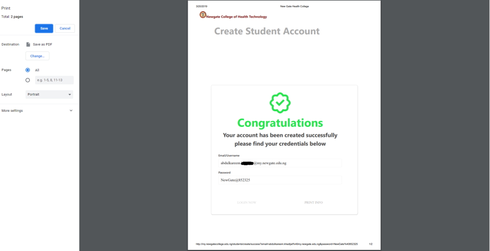 Account Creation Success - myNewgate Registration Guide - 1